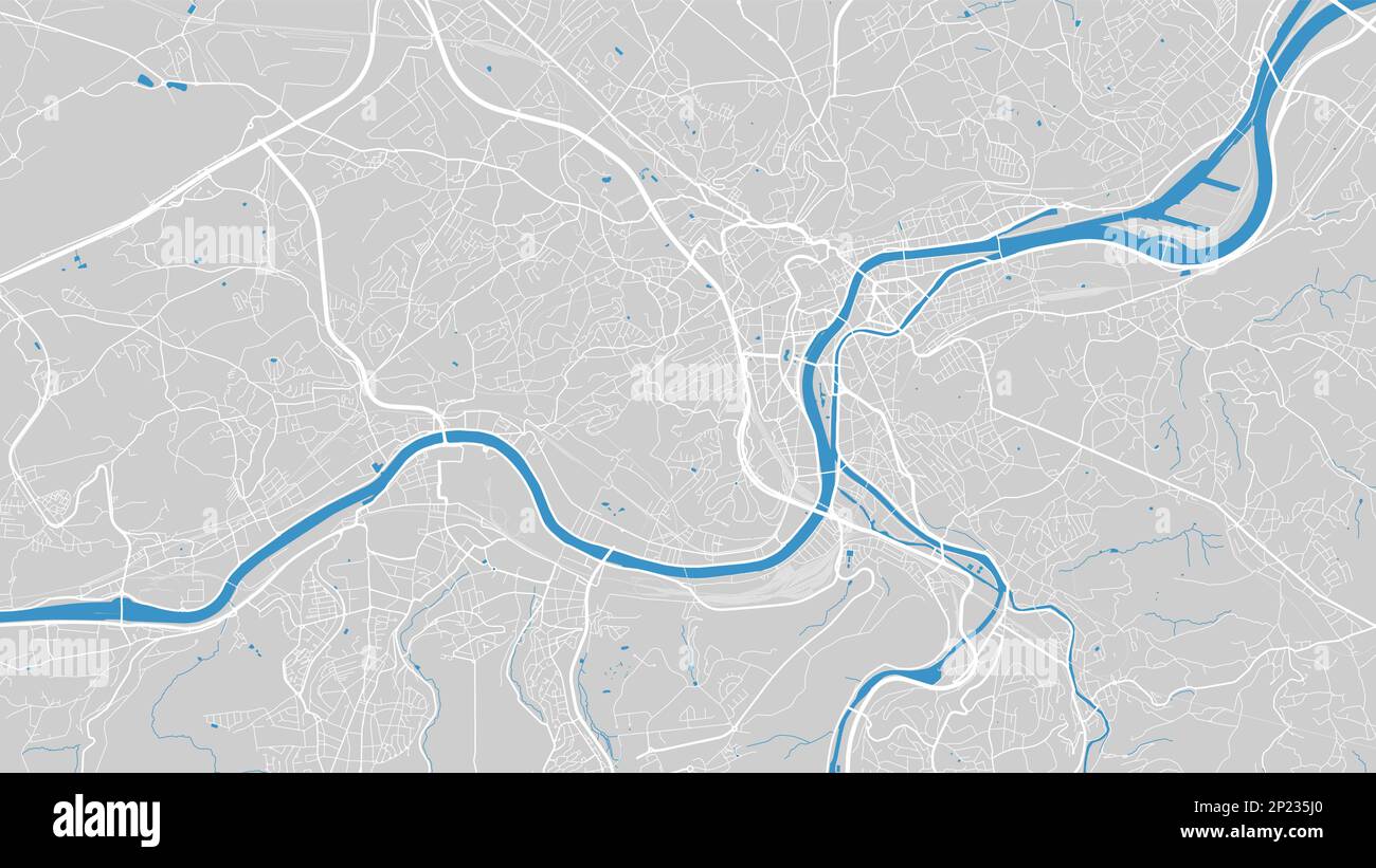 River Meuse map, Liege city, Belgium. Watercourse, water flow, blue on ...
