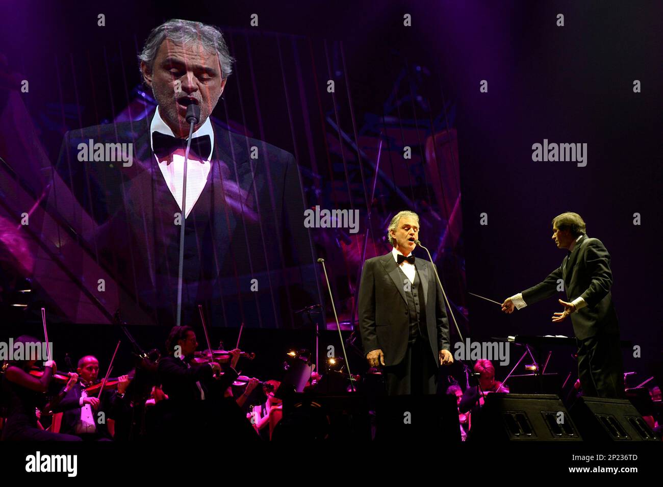 Italian tenor Andrea Bocelli performs during his concert in Papp Laszlo ...