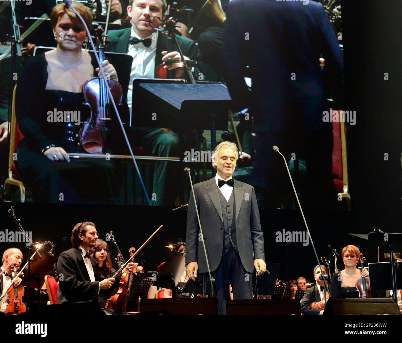 Italian tenor Andrea Bocelli performs during his concert in Papp Laszlo ...