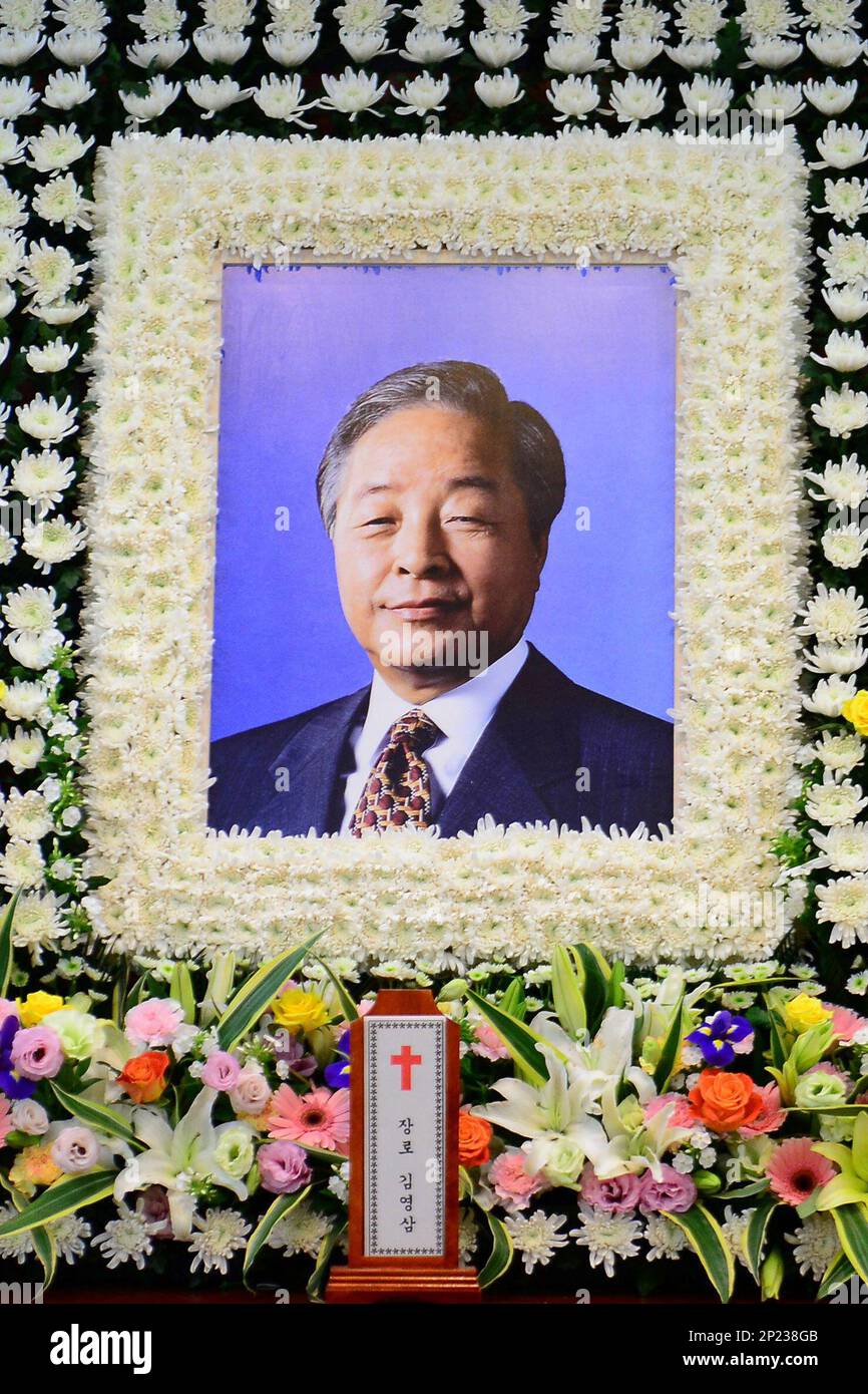 A portrait of the late former South Korean President Kim Young-sam is ...