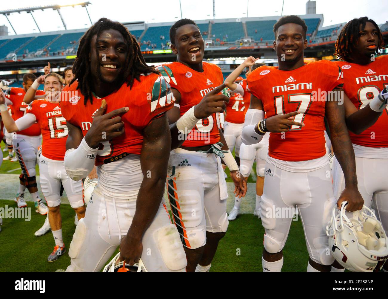 21 November 2015 University of Miami Hurricanes Wide Receiver Darrell Langham 81 University of Miami Hurricanes Tight End David Njoku 86 and University of Miami Hurricanes Wide Receiver D Mauri Jones ...