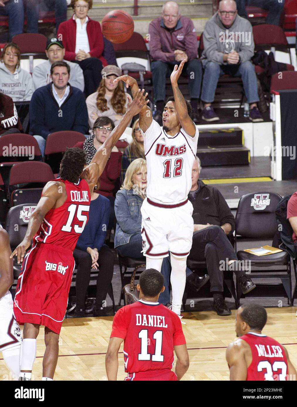 UMass Mullins Center 11/14/15. UMass No.12 Trey Davis, launches up a 3 ...