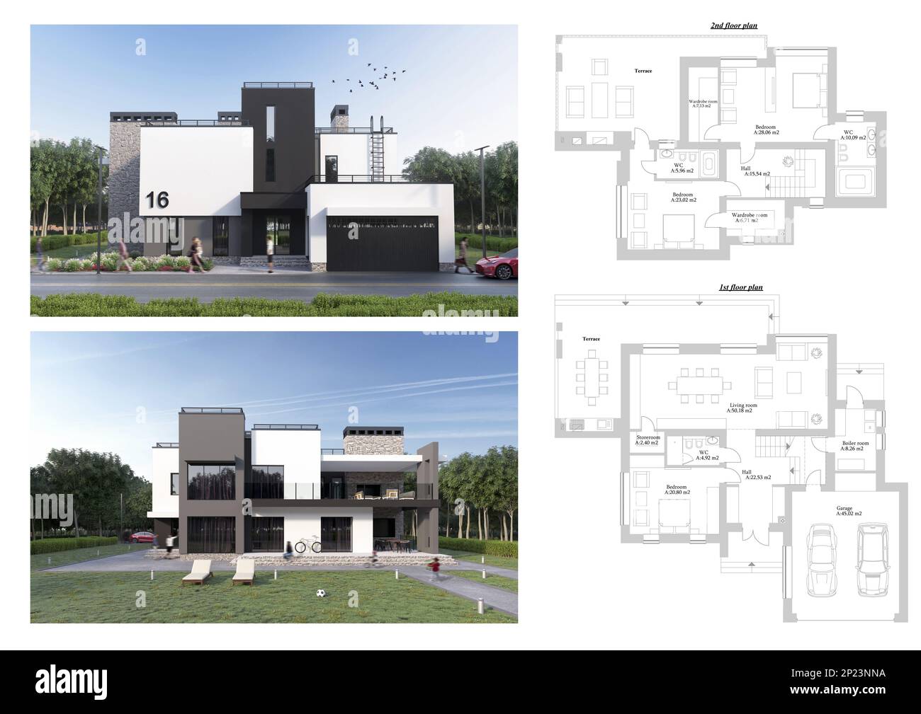 3d render of a modern private house, facade and back yard view with sun ...