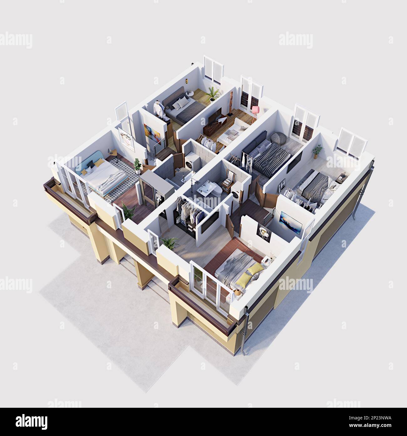 3d render illustration of multistory residential floor plan, isometric ...