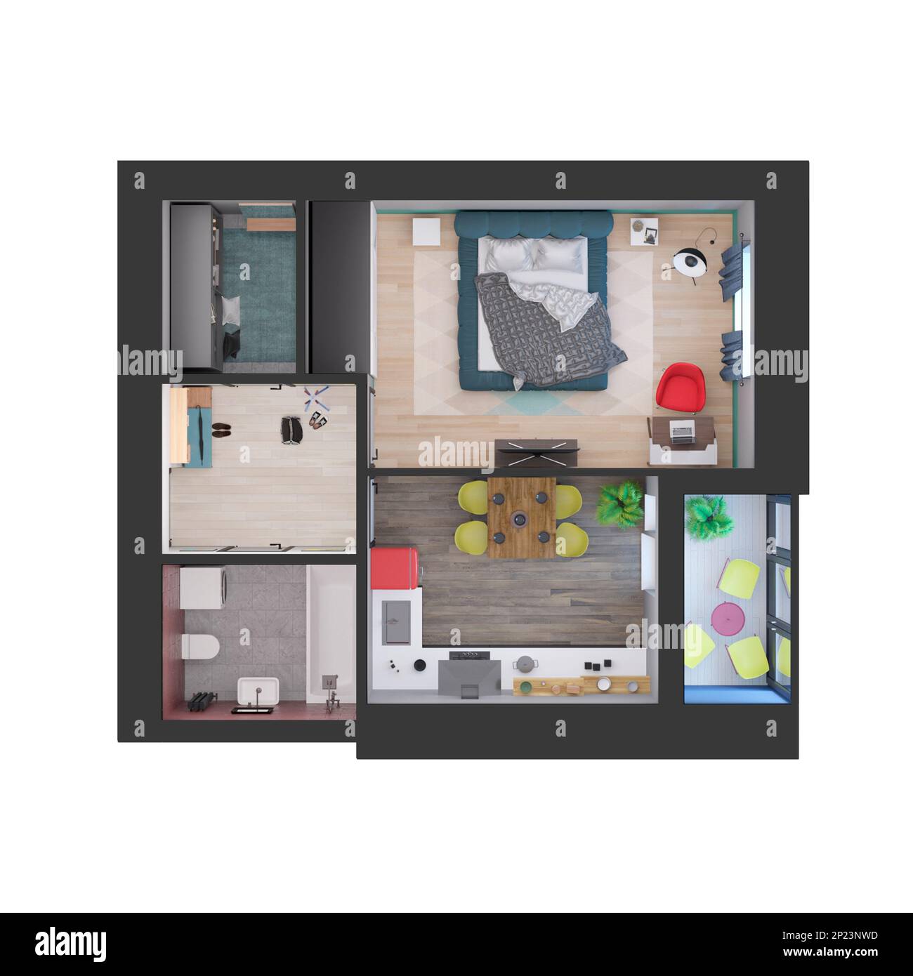 3d render plan / layout of a modern one bedroom apartment, top view ...