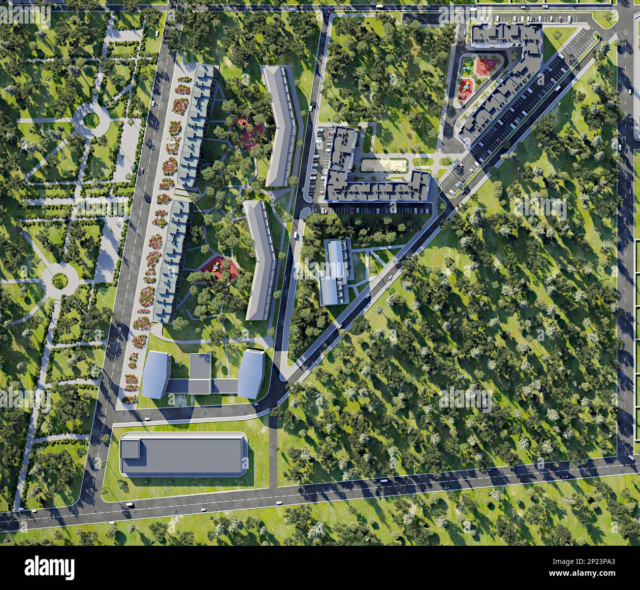Aerial view of crossroad and town building, 3d render Stock Photo - Alamy