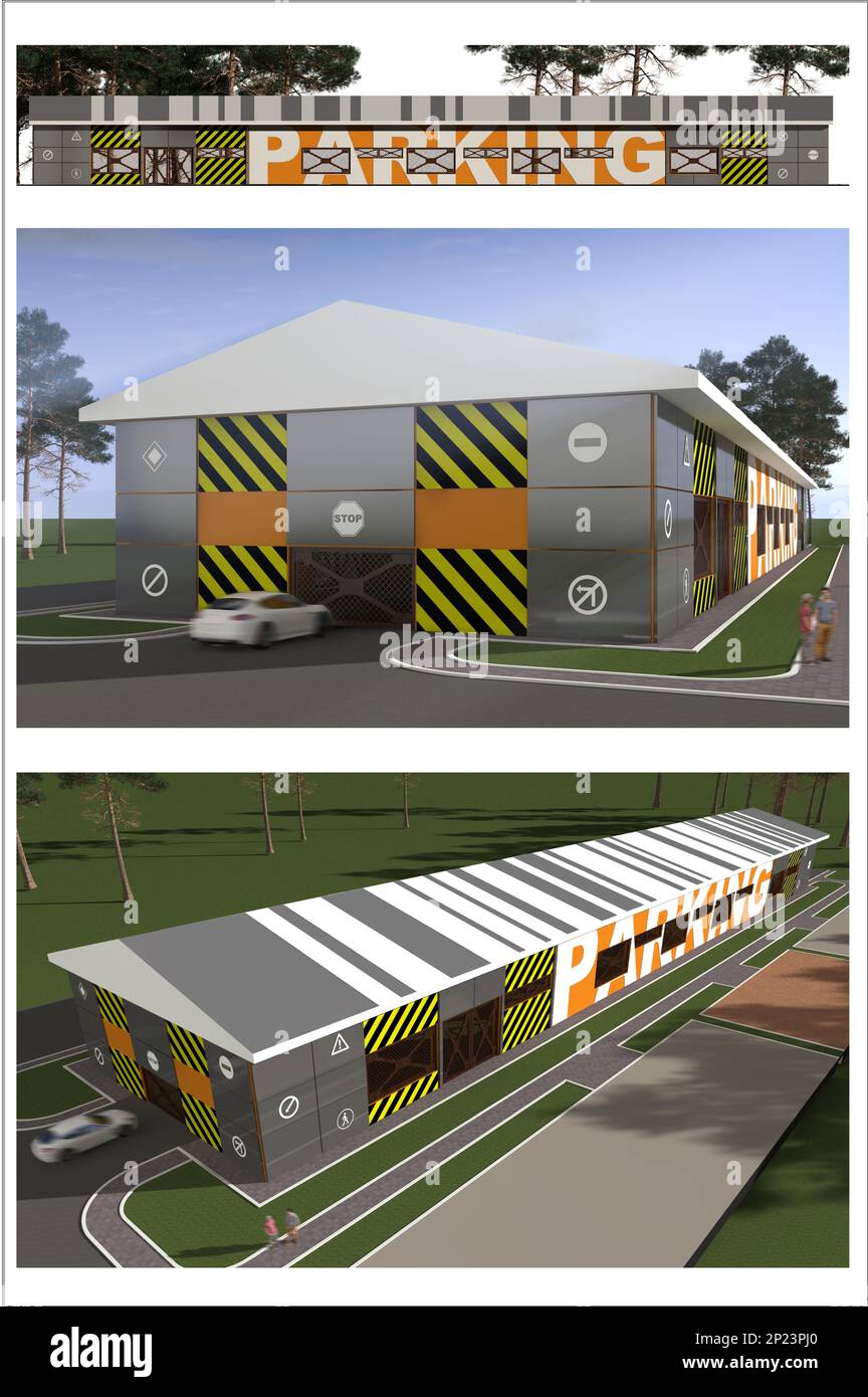 3d render of multilevel or multistory parking garage. Different points of view Stock Photo - Alamy