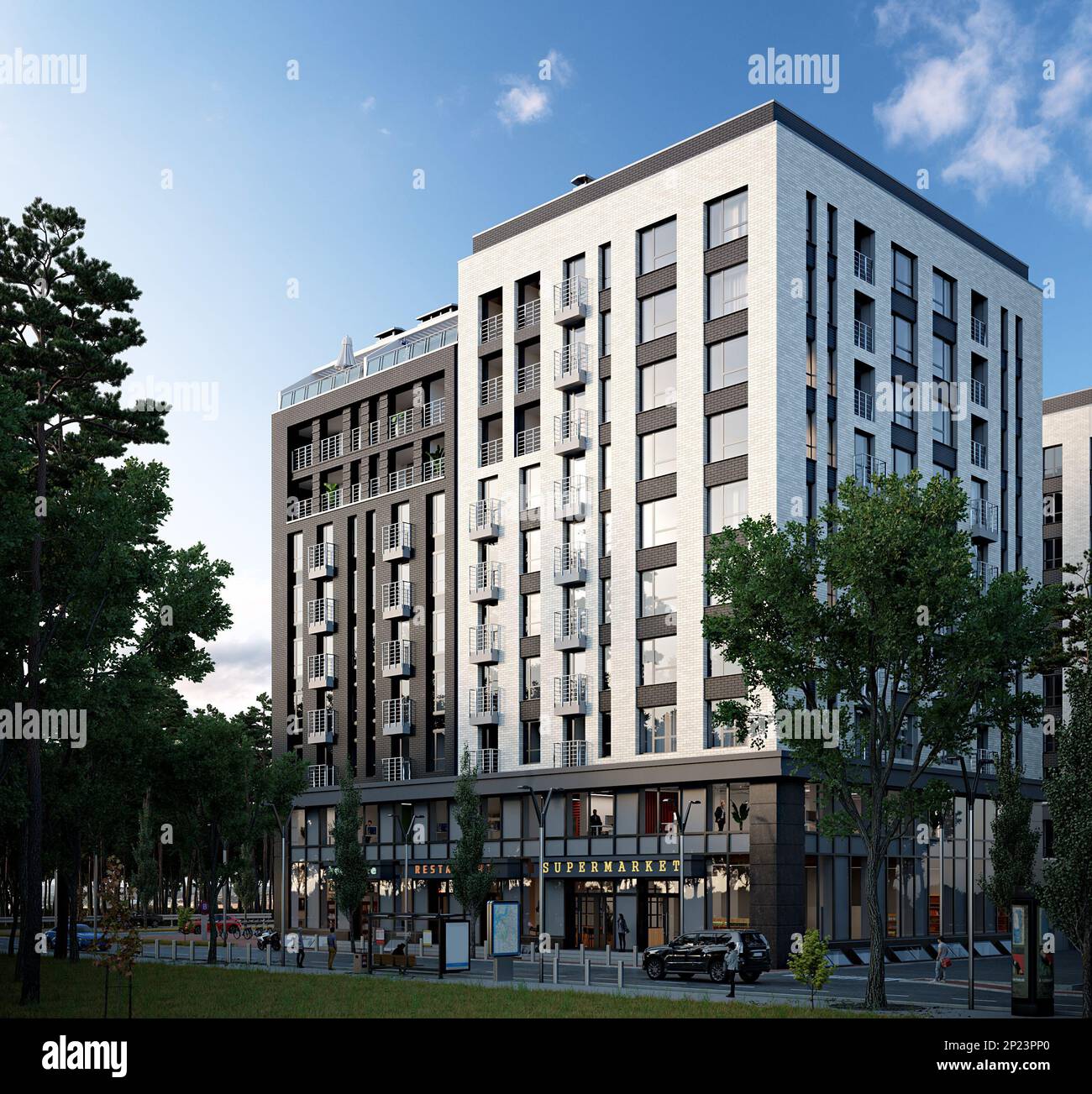 3d rendering of a modern multistory city building with shops and ...