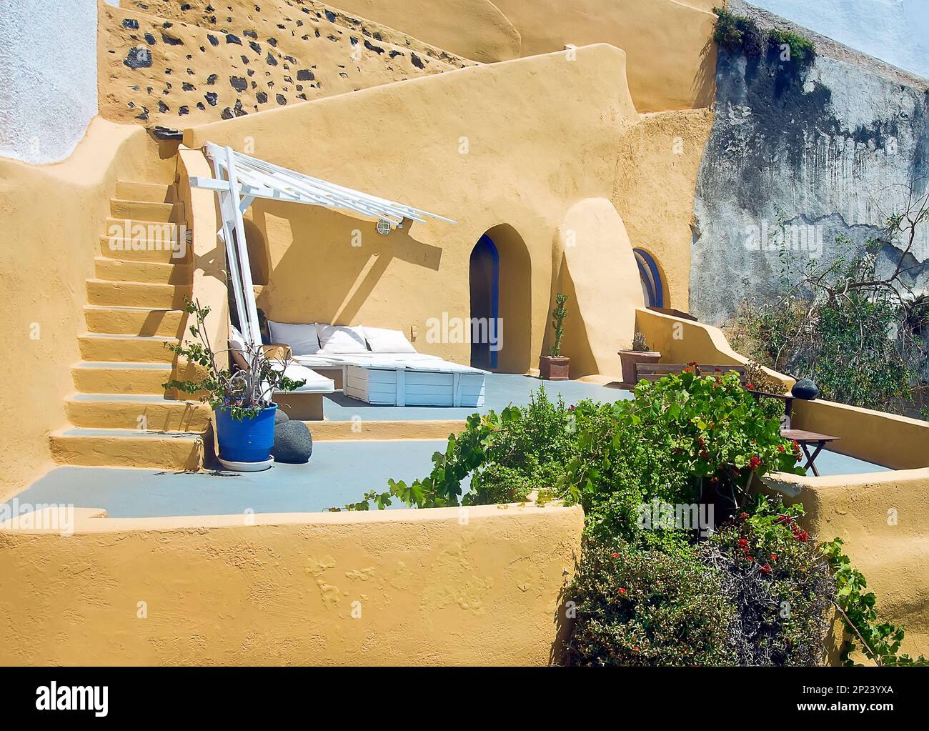 Yellow terrace of Fira town of Santorini, Greece Stock Photo - Alamy
