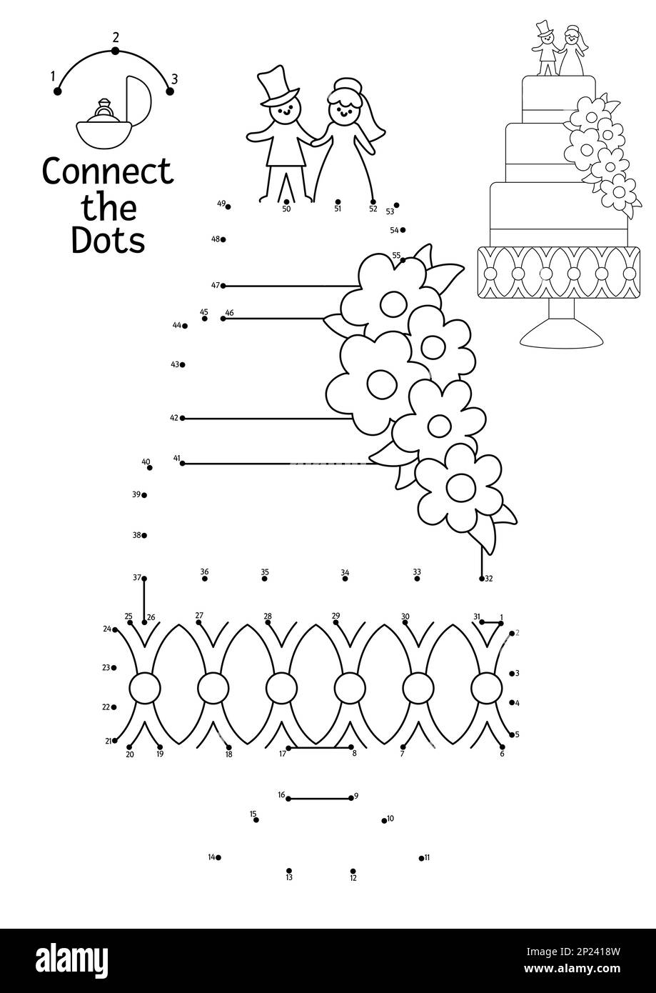 Vector dot-to-dot and color activity with cute wedding cake decorated ...