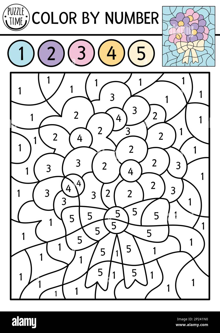 Vector wedding or spring color by number activity with cute bouquet and ...