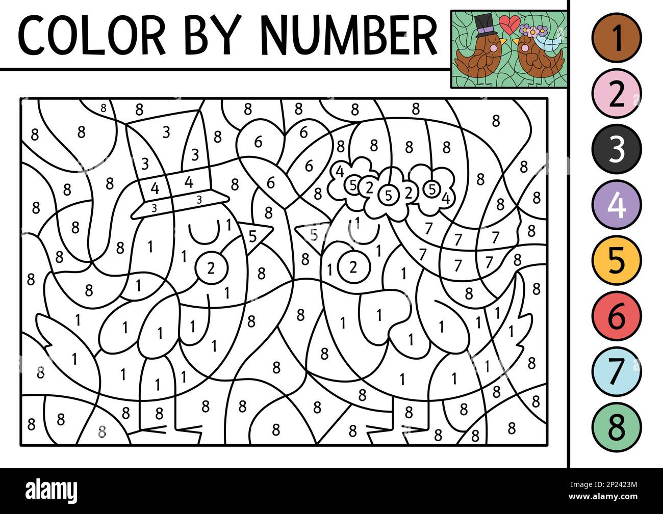 Vector wedding color by number activity with cute just married bird ...