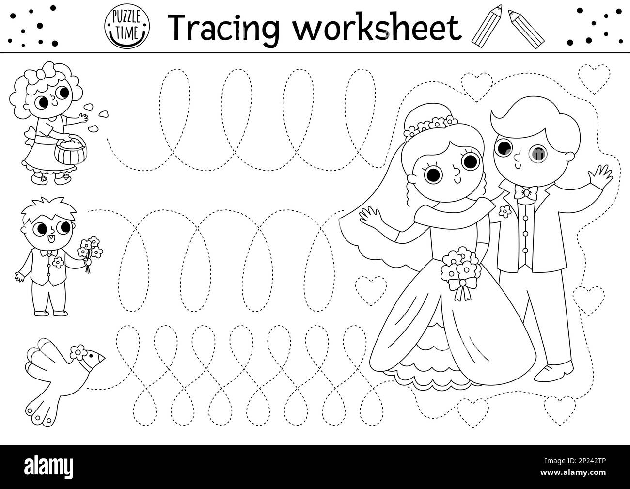 Vector wedding handwriting practice worksheet. Marriage ceremony ...