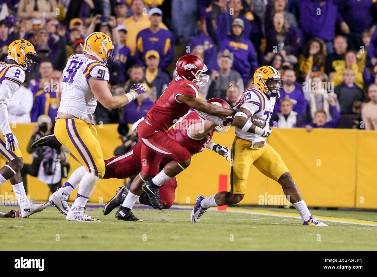 November 14, 2015: LSU Tigers safety Jamal Adams (33) is pushed out of ...