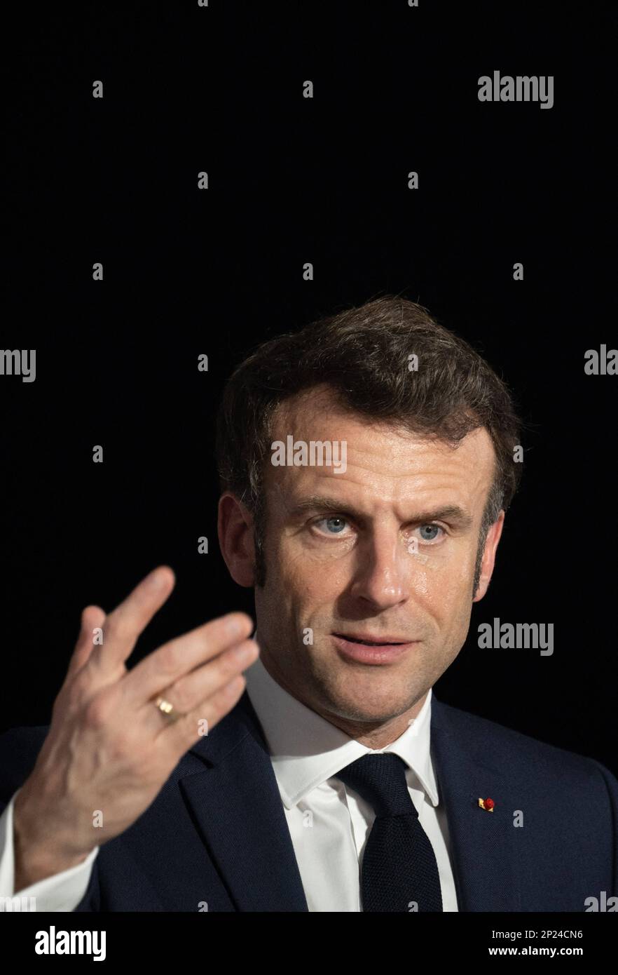 French President Emmanuel Macron delivers a speech to the French ...