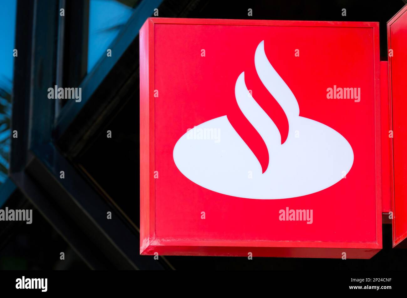 Santander Bank logo or sign in a building exterior, Alicante, Spain ...