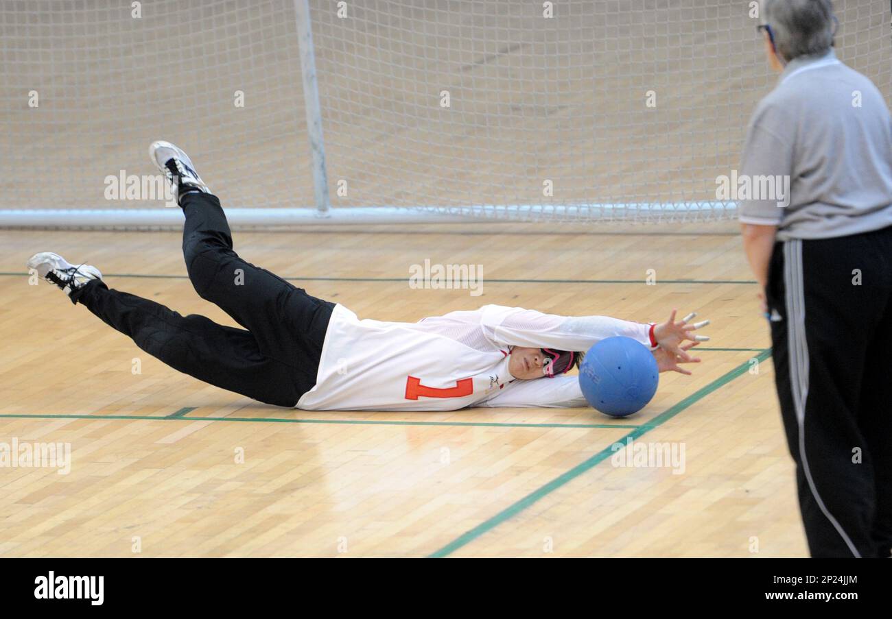 Japan's Haruka Wakasugi saves a ball during a women's goalball match ...
