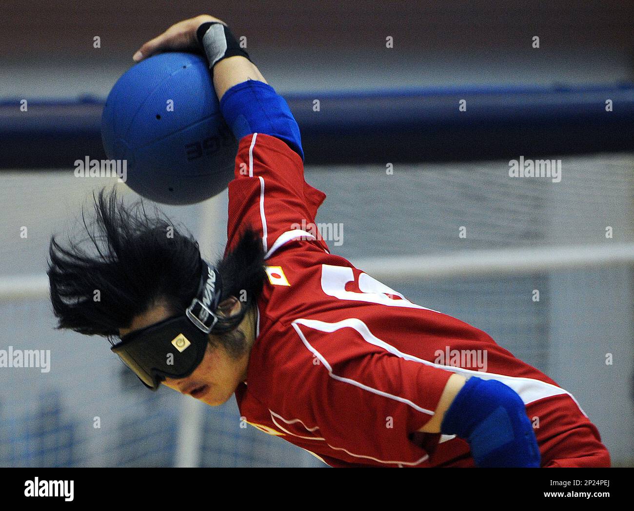 Japan's Maki Tsujimura plays a shot during the men's goalball match ...