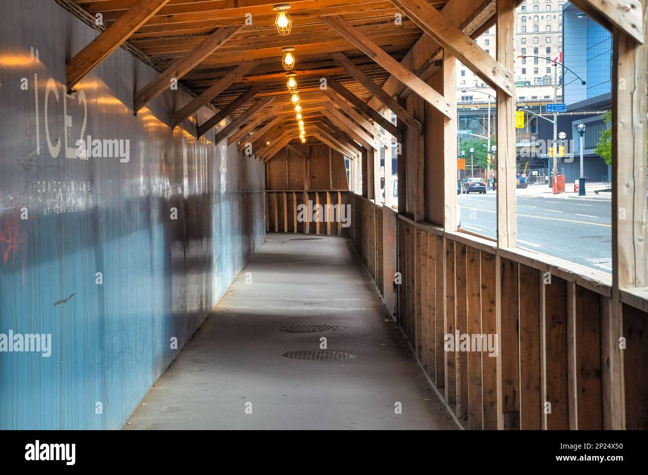 Pedestrian tunnel in a construction site, Toronto, Canada Stock Photo ...