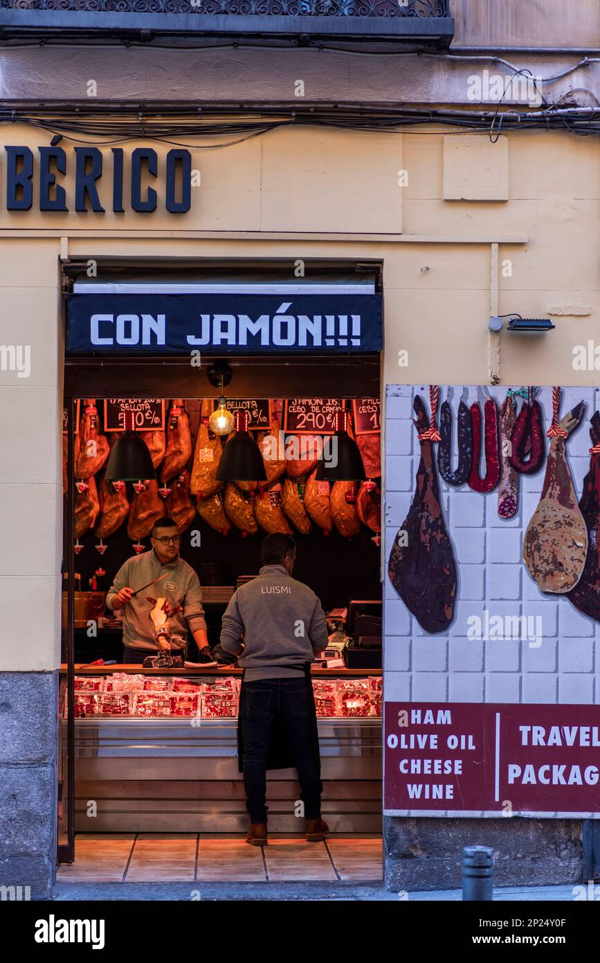 Bars, restaurants and traditional shops in Madrid, Spain Stock Photo ...