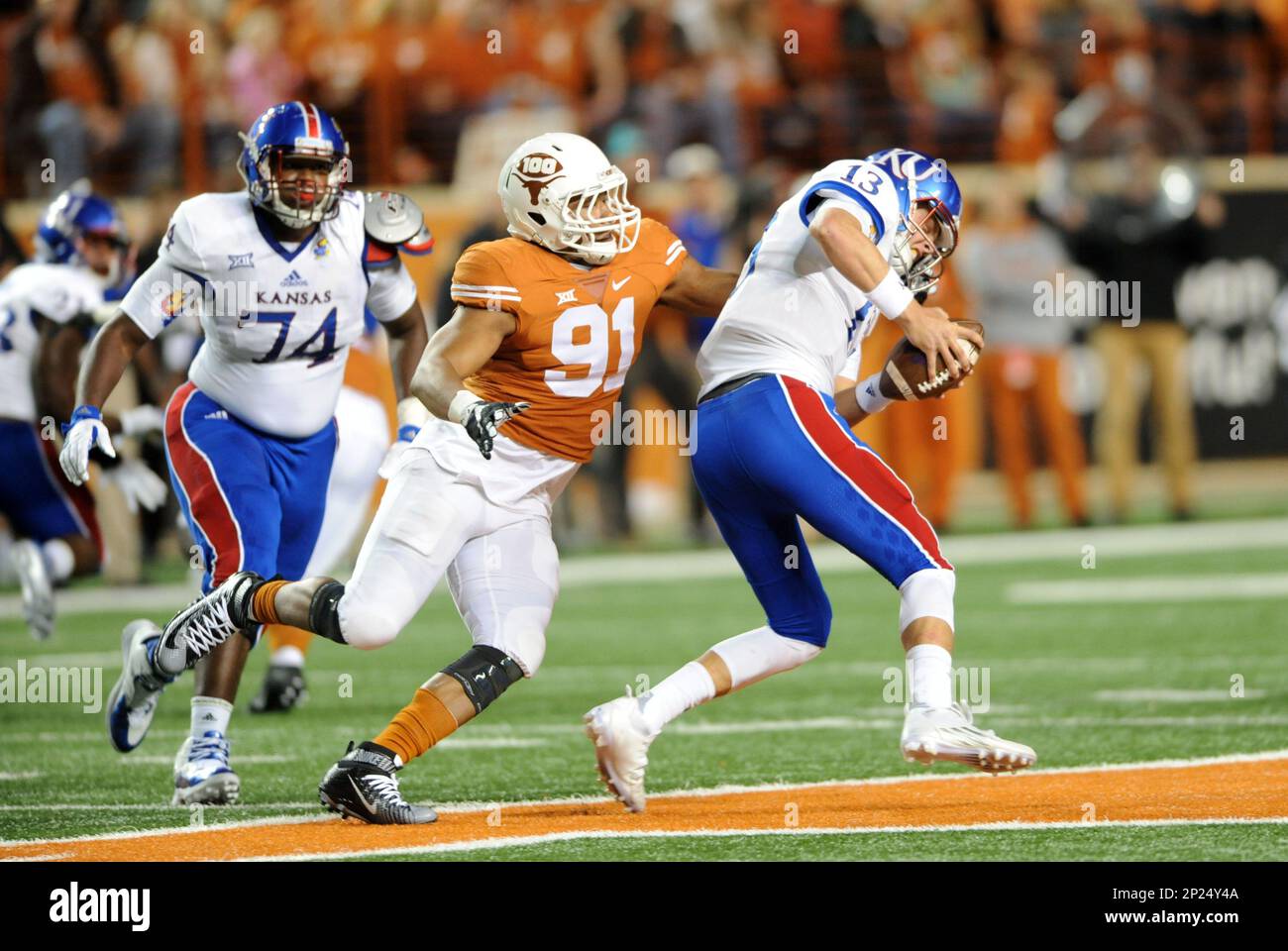 07 November 2015: Texas DE Bryce Cottrell(91) sacks Ryan Willis(13 ...