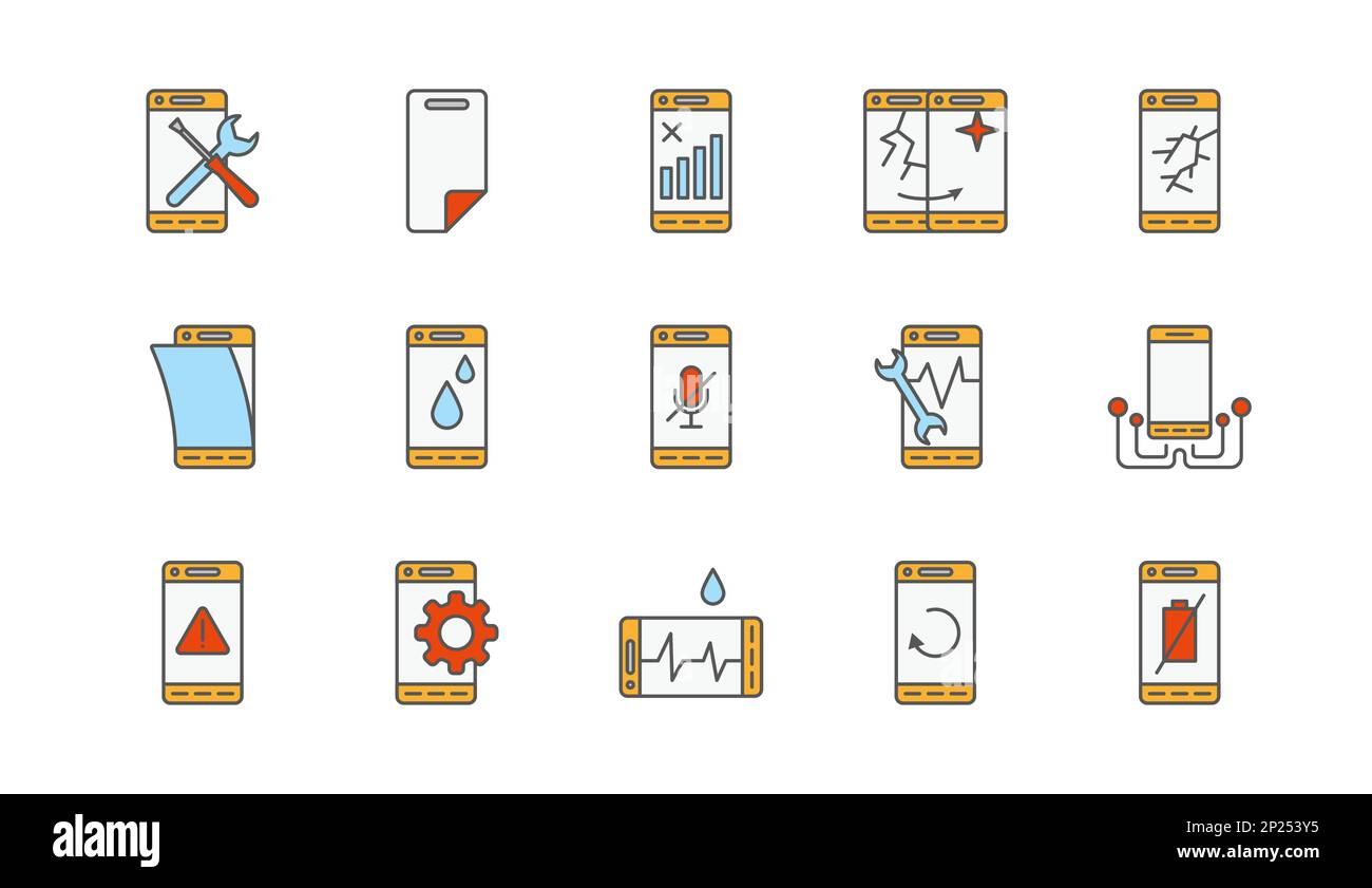 Mobile phone scratch protection icons. Smartphone screen cover. Cellphone repair after water ...