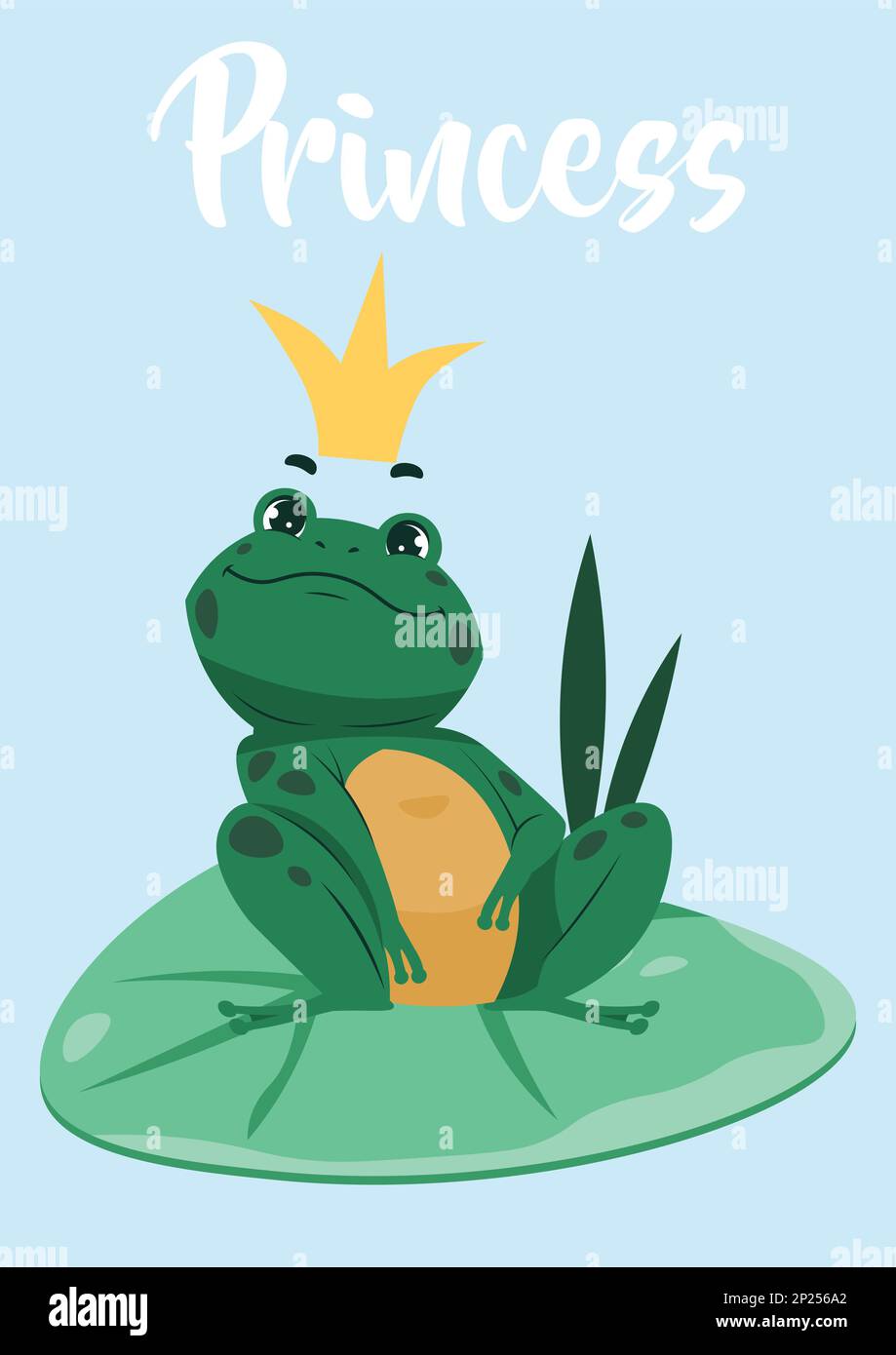 Frog pose. Green froglet with princess crown. Funny aquatic animal ...