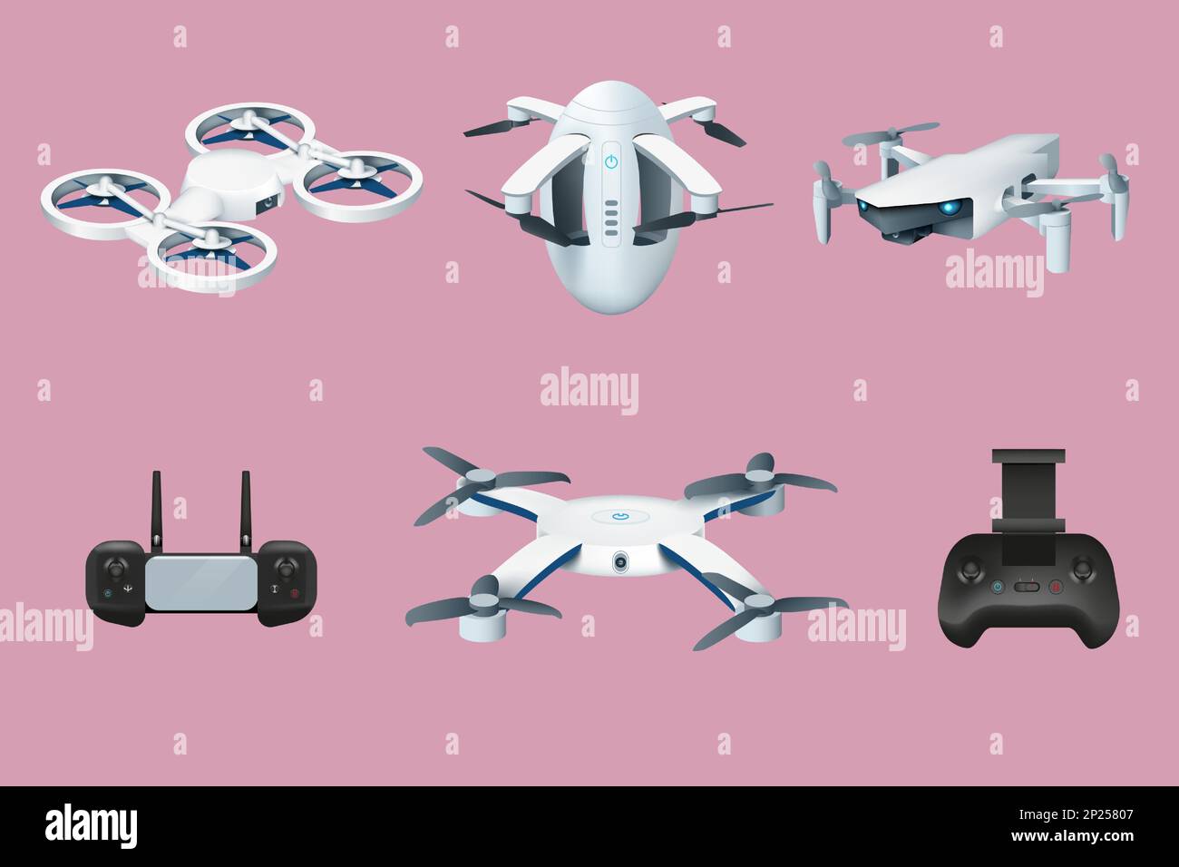 Drone robots. Aerial unmanned vehicle. Aviation camera. Controller and ...