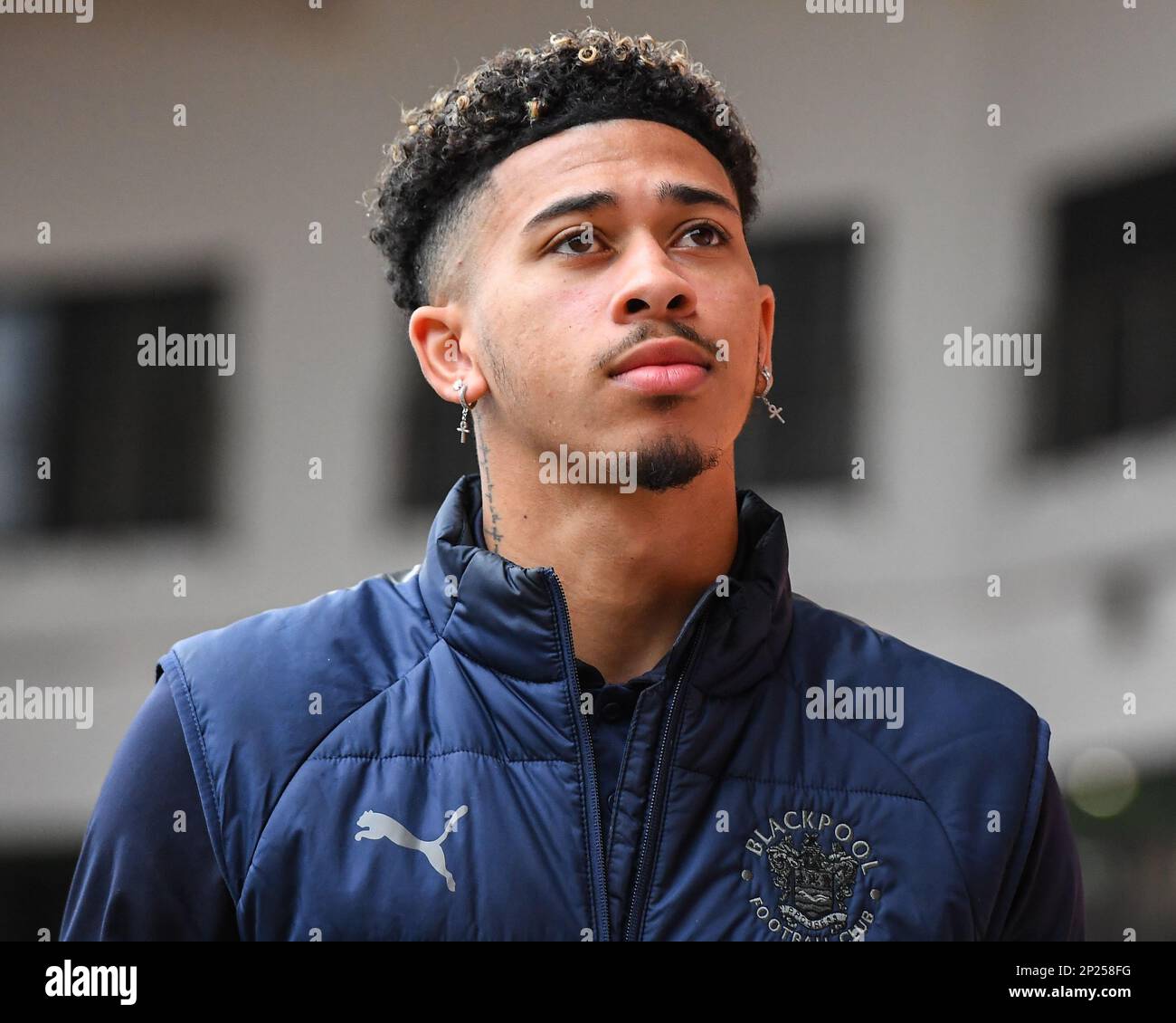 Jordan Lawrence-Gabriel #4 of Blackpool arrival prior to the Sky Bet ...
