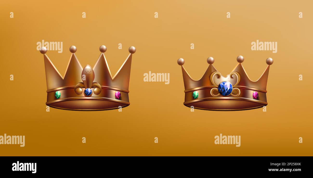 3D golden king and queen crown. Gems on monarchy cape. Antique prince ...