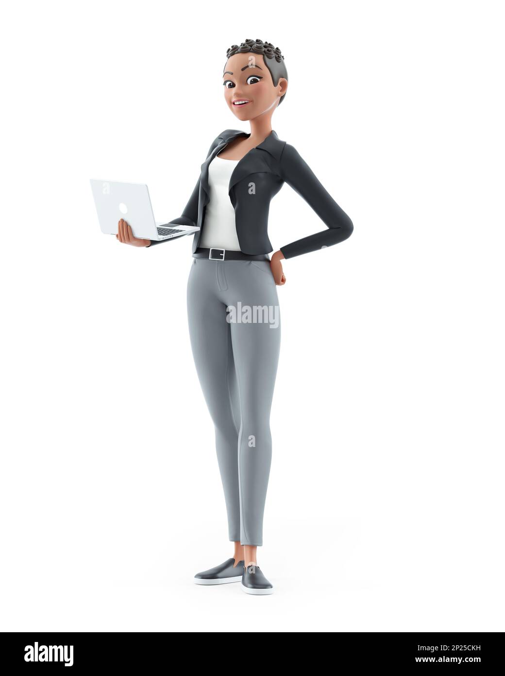 3d character woman standing with laptop, illustration isolated on white ...