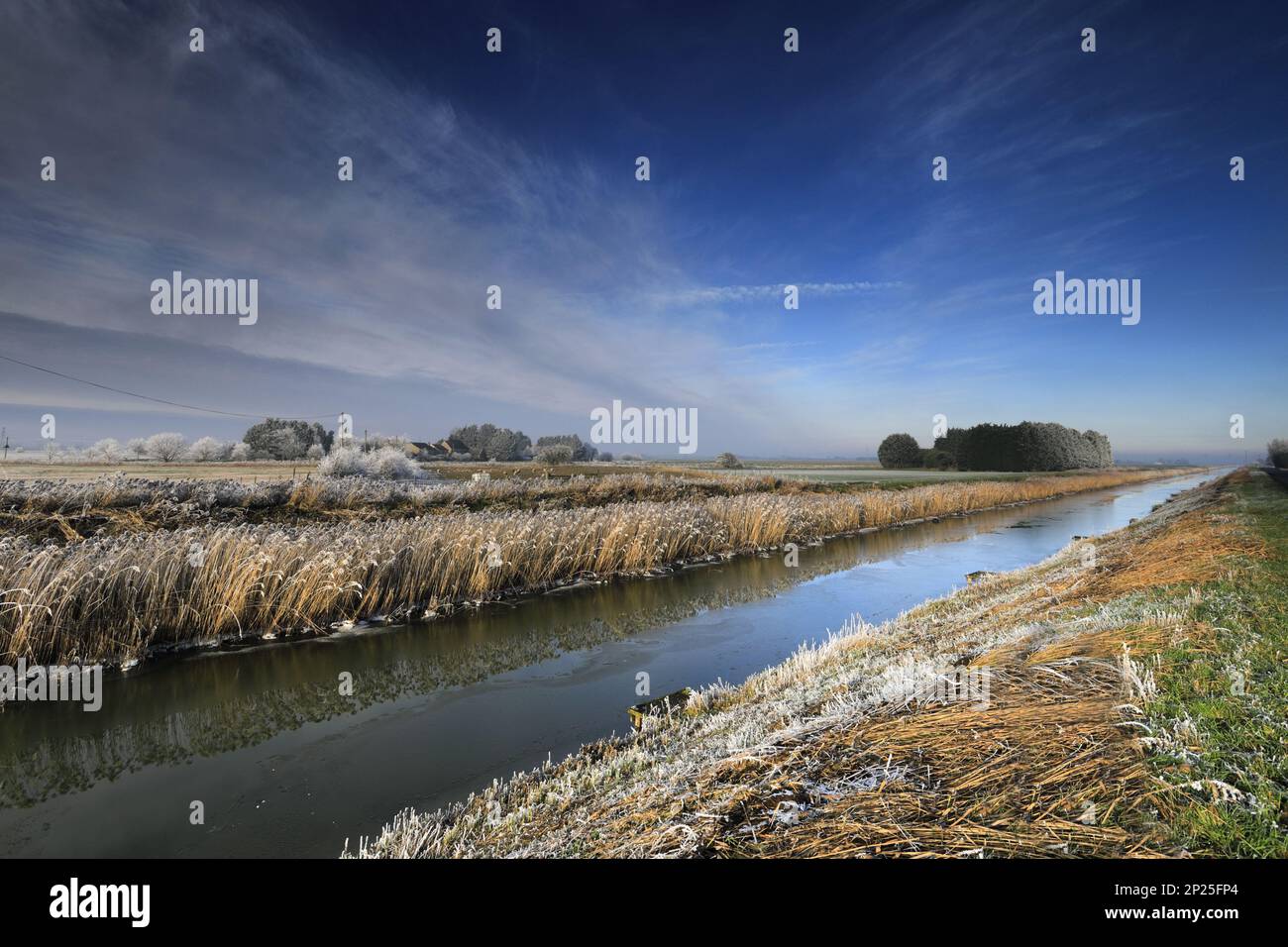 Winter frost over the North Level Main Drain, Gorefield village ...