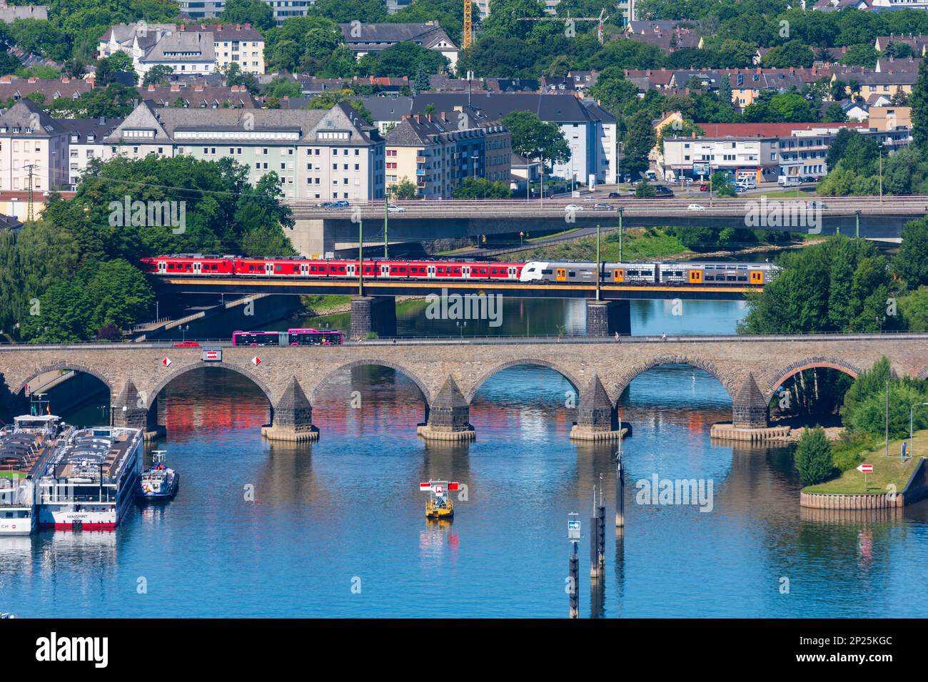 Koblenz: river Mosel (Moselle), bridge Balduinbrücke, railway bridge ...