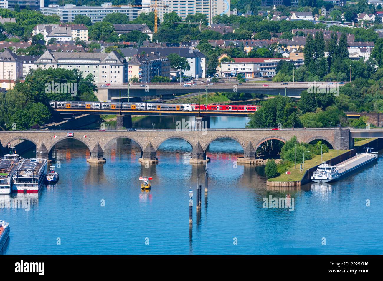 Koblenz: river Mosel (Moselle), bridge Balduinbrücke, railway bridge ...