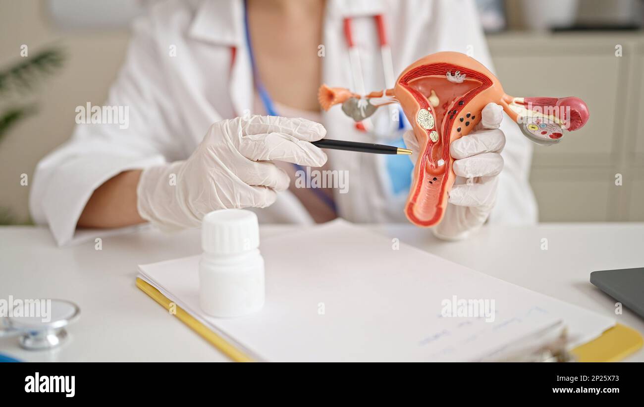 Young caucasian woman doctor showing reproductive system at clinic ...