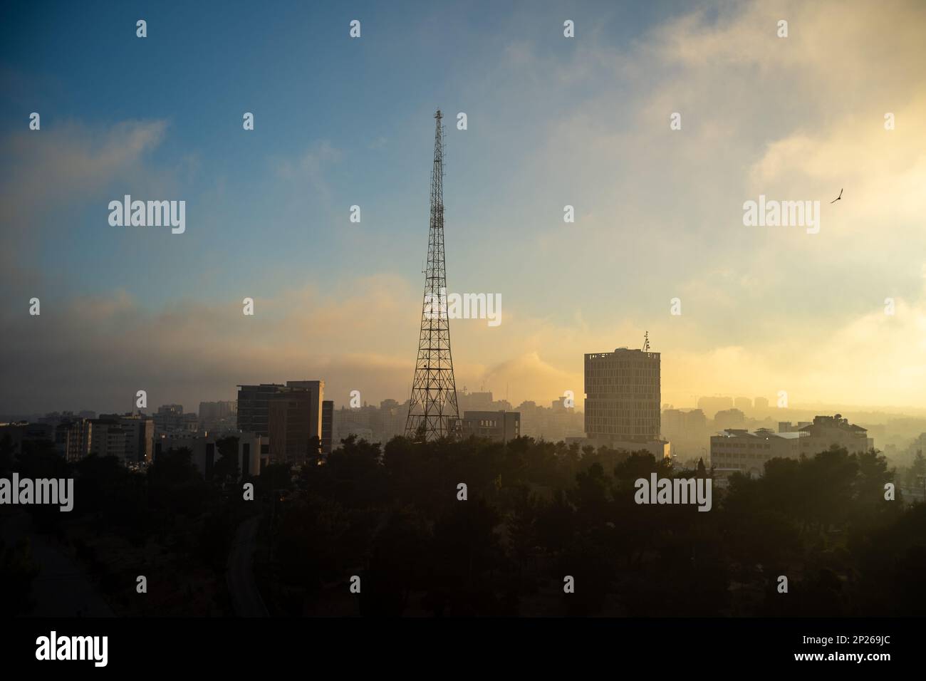 Dark Dramatic Ramallah Cityscape at Dawn with Sunrise, High Tower ...