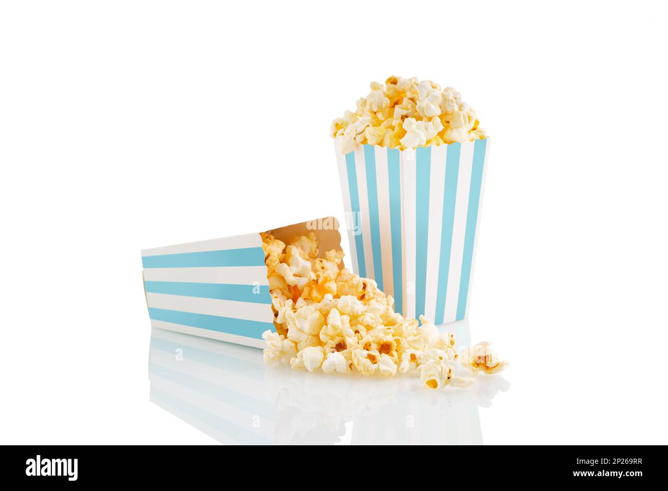Two blue white striped carton buckets with tasty cheese popcorn ...