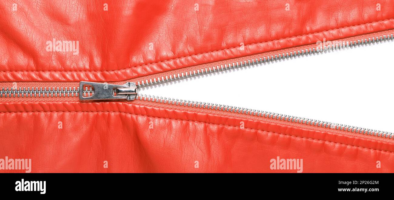 Red leather texture and open metal zipper isolated on white background ...