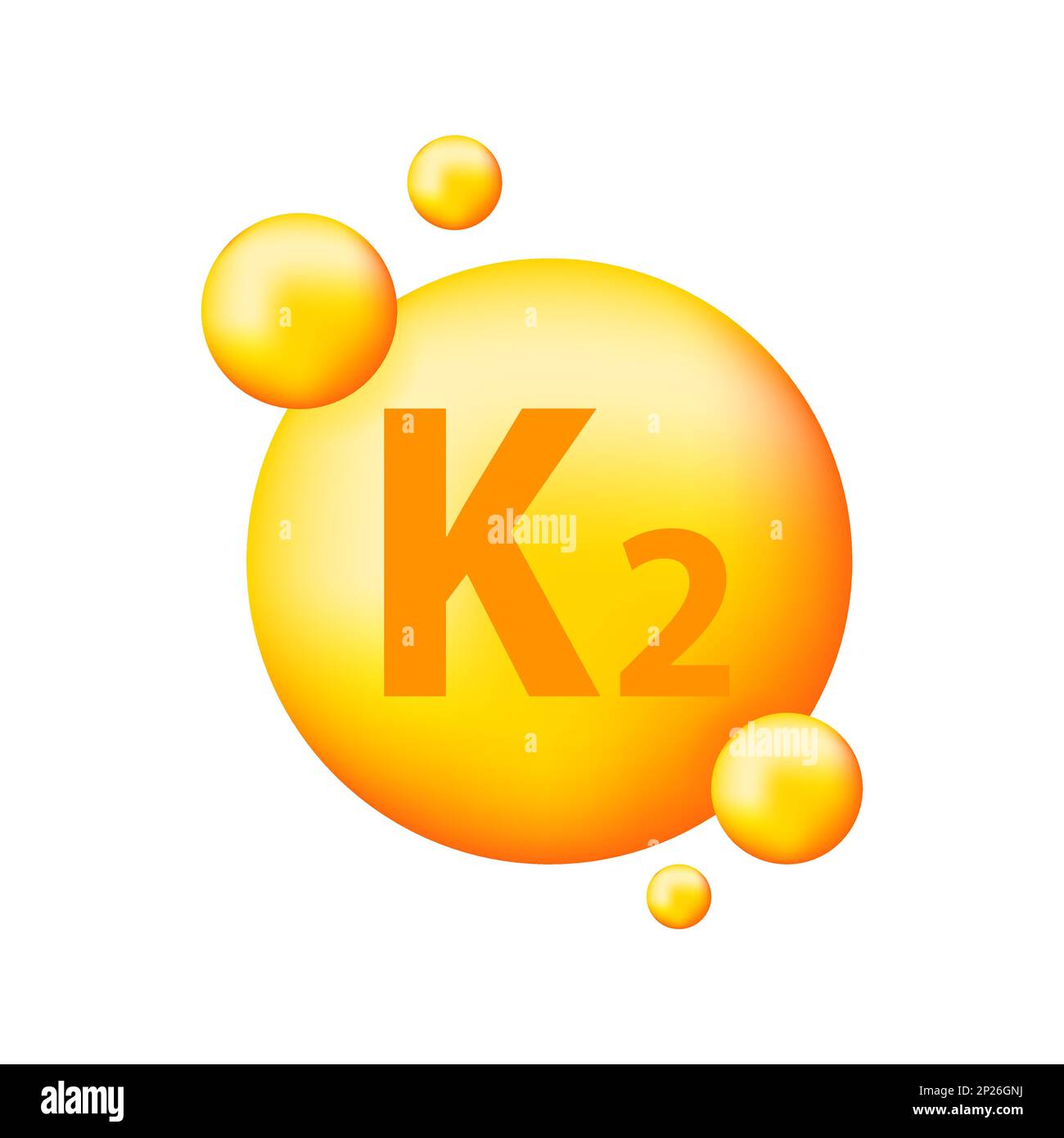 Vitamin K2 with realistic drop. Particles of vitamins in the middle ...