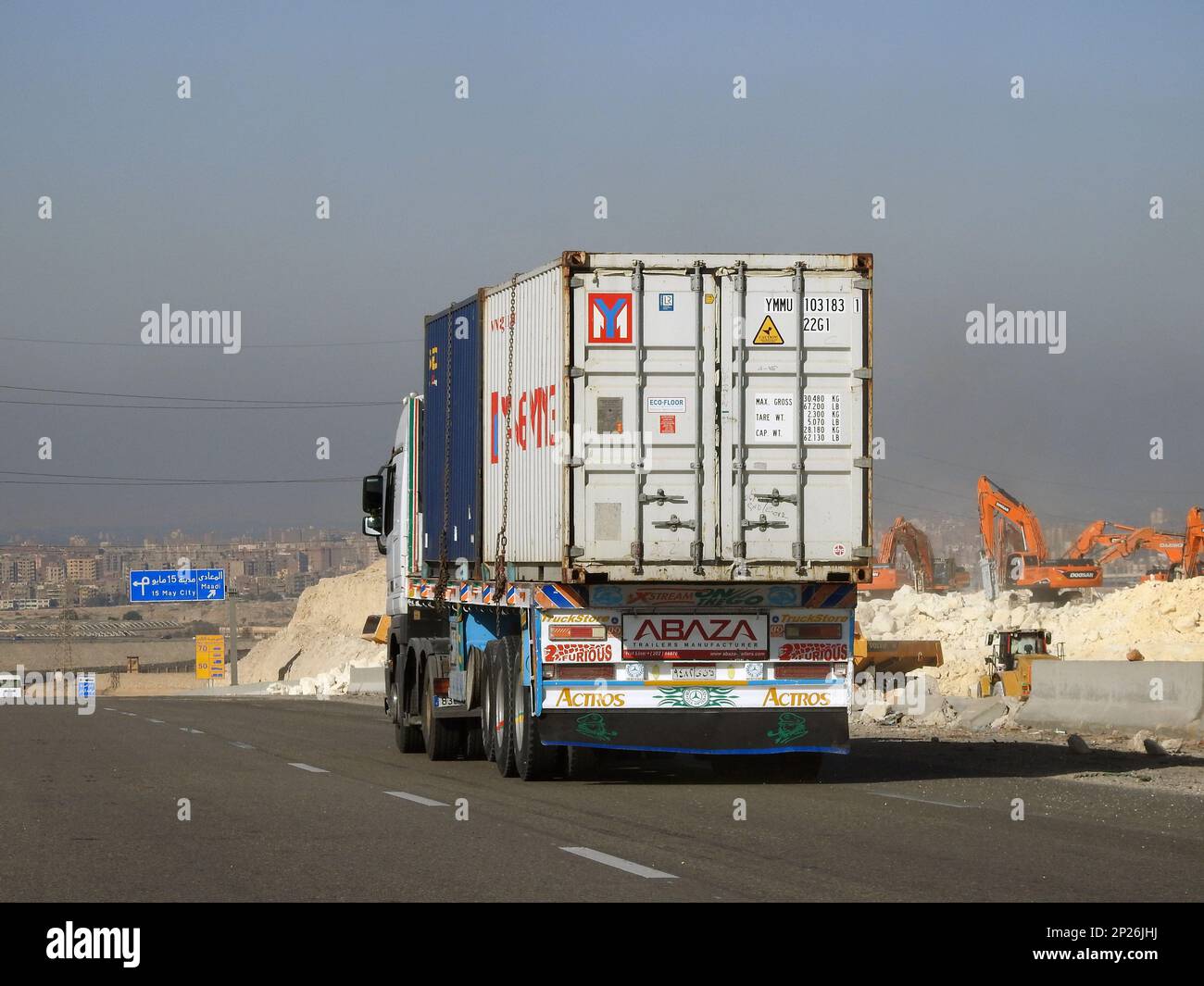 Giza, Egypt, January 26 2023: flatbed truck big vehicle with a steel ...