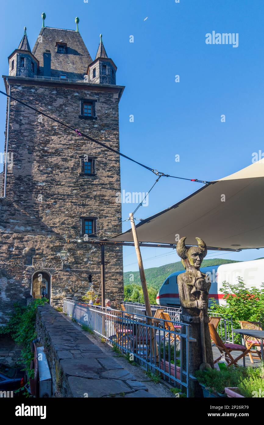 Bacharach: tower Marktturm of town wall, ICE train, West Rhine Railway ...