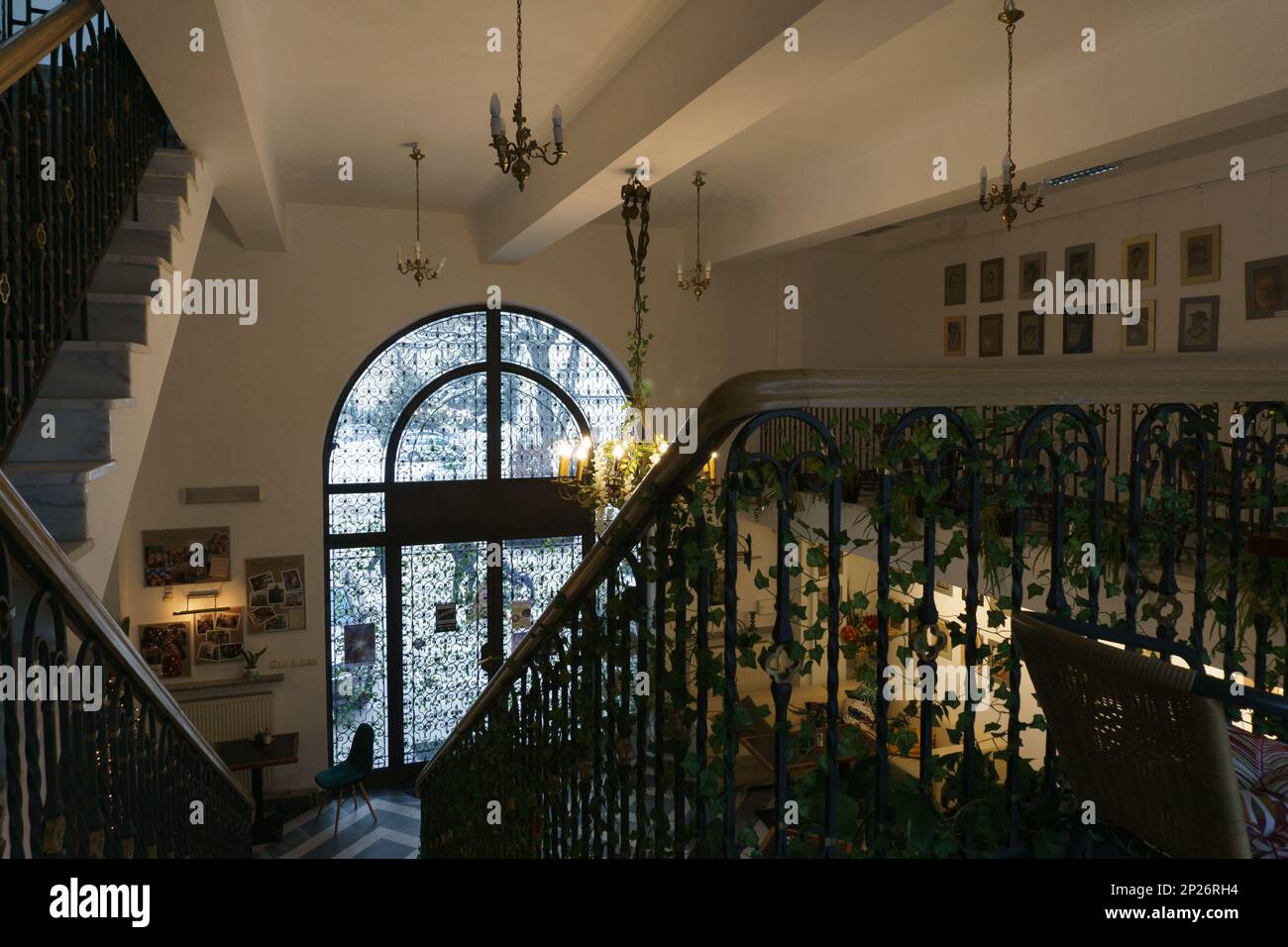 interior view of old belfry adapted for a coffeehouse with beautiful ...