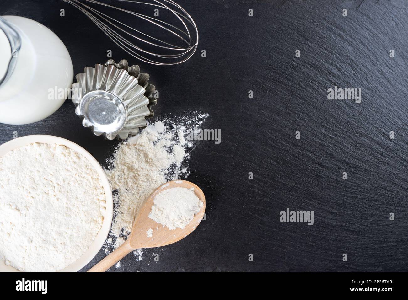 Baking cooking Ingredients background with copy space. Flour, eggs ...