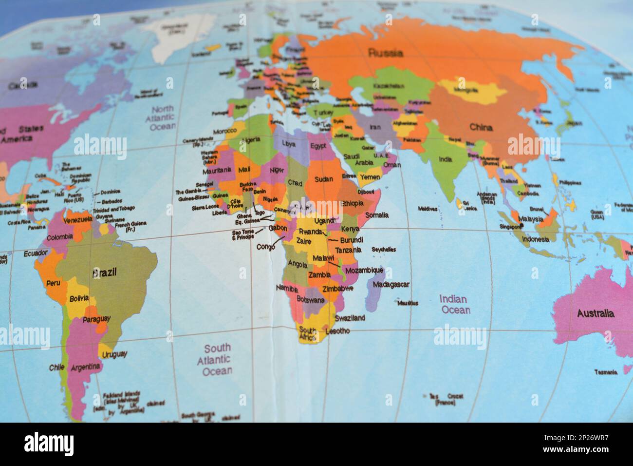 Colorful world map with all continents Africa, Europe, Asia, North ...