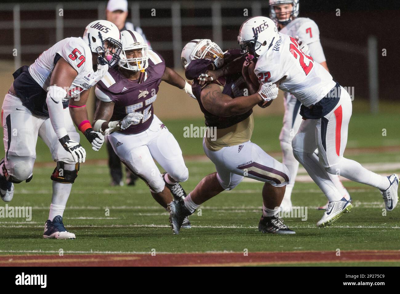 Texas State cornerback Brandon McDowell (6) tackles South Alabama ...