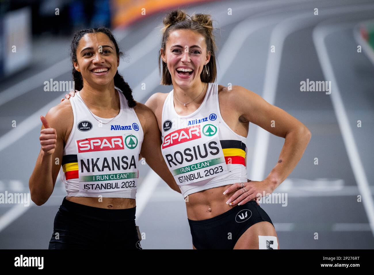 Belgian Rani Rosius and Belgian Delphine Nkansa celebrate after the women's 60m final at the ...