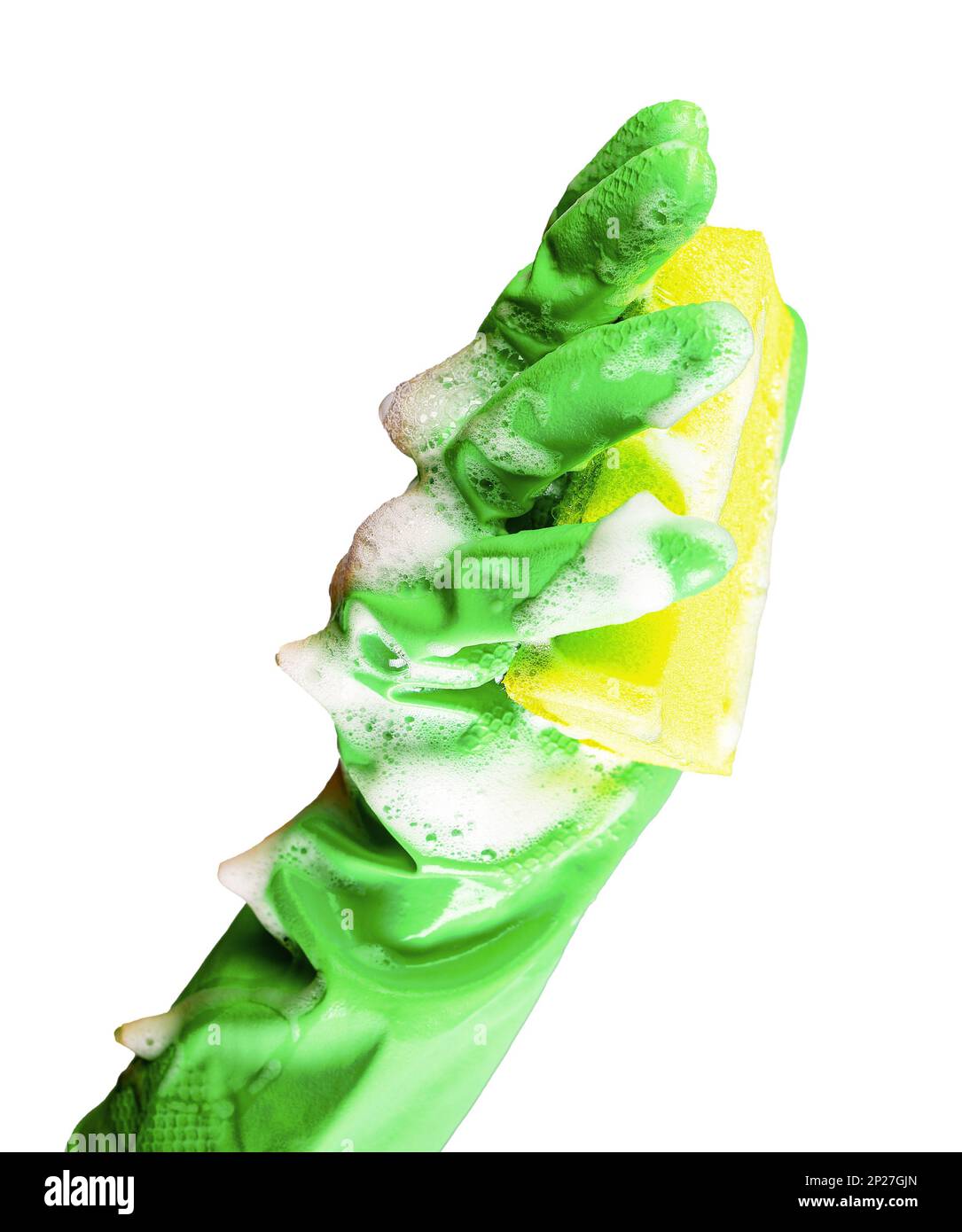 Hand in green glove with sponge with soap foam isolated on white ...