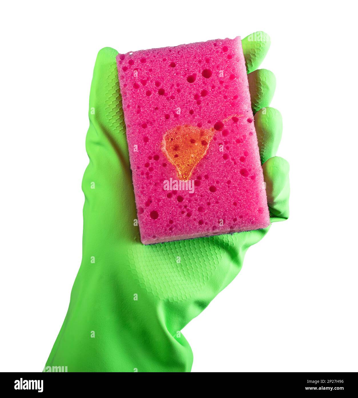 Hand in glove holding cleaning sponge with liquid fluid detergent ...