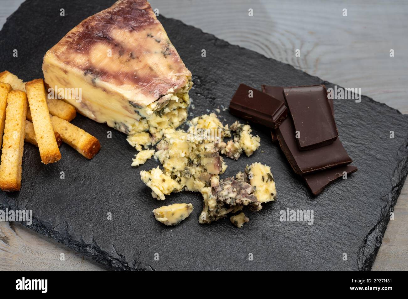 Cheese collection, blue stilton English cheese matured in red porto ...