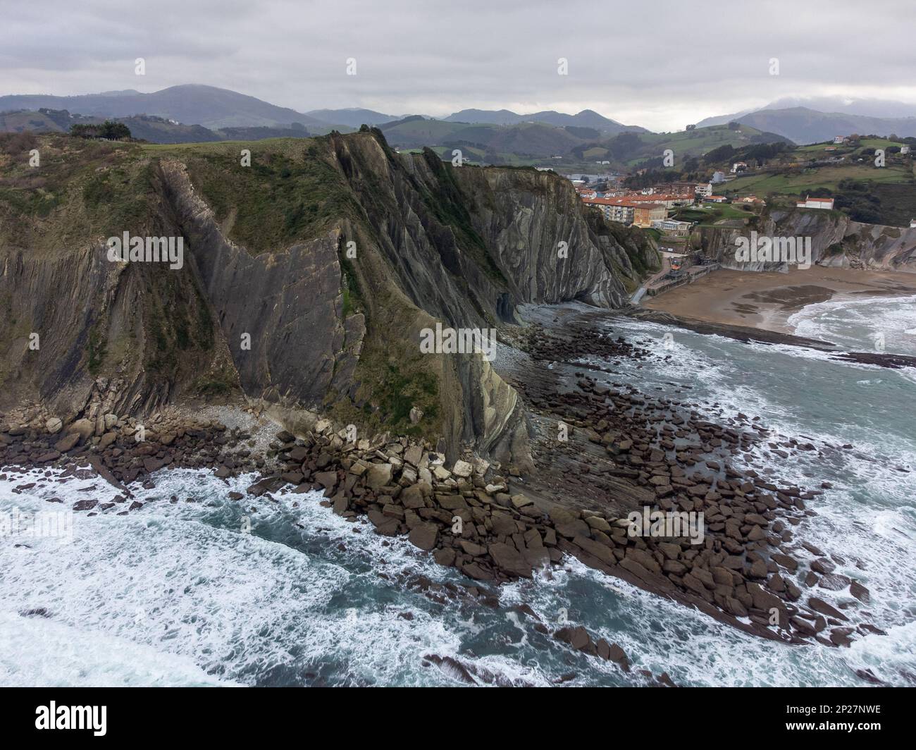 View on steeply-tilted layers of flysch geological formation on ...